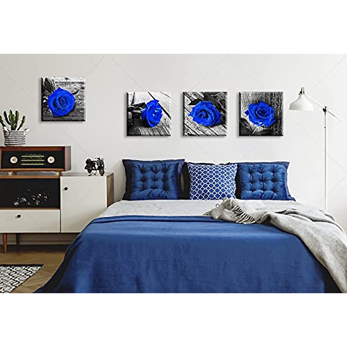Canvas Wall Art Room Decorations Large Modern Black White Blue Rose Floral Pictures on Grey Valentine'S Day Framed Flower Paintings Decor Multi Panel Turquoise Artwork Living Women Bedroom