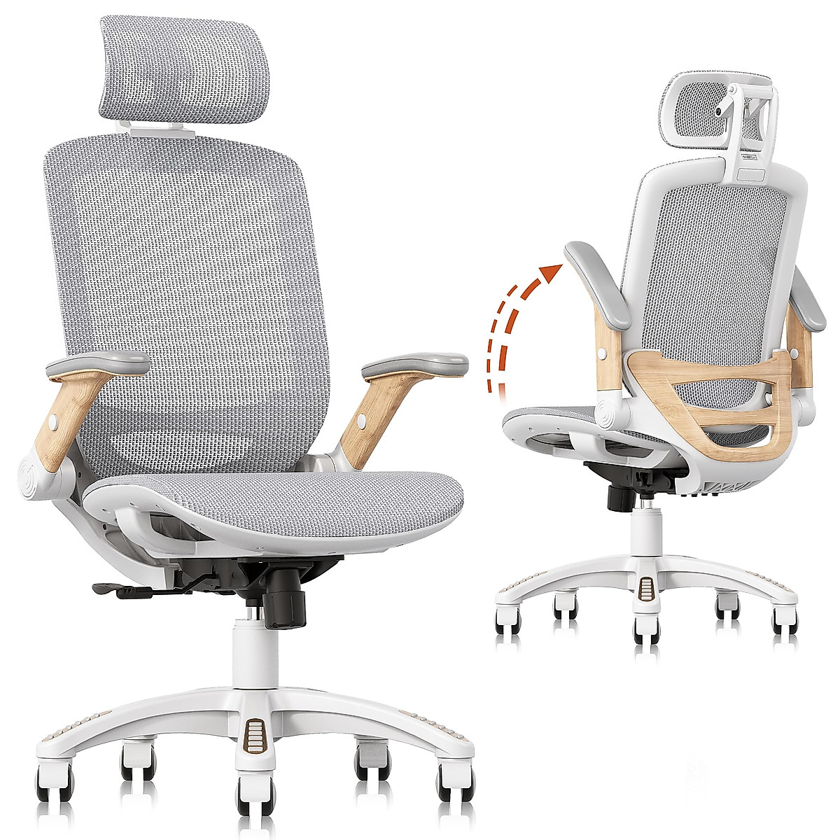 GABRYLLY Ergonomic Office Chair, High Back Home Desk Chair with Flip-Up Arms, Headrest, 90-120° Tilt and Wide Cushion, 400LBS White Mesh Chair for Work Gaming Study (GY01-NT, Woodgrain Pattern)