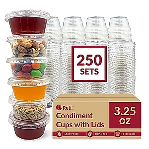 Reli. 3.25 oz Small Containers with Lids (250 Sets) | Jello Shot Cups with Lids | Clear Plastic Condiment Containers with Lids | 3 oz Portion Cups with Lids | 3 oz Sauce Cups with lids | Souffle Cups