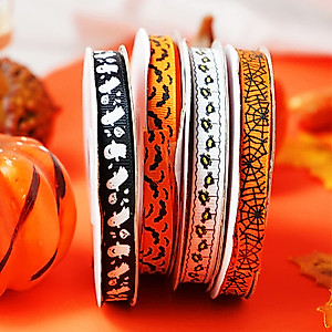 PiPaFox 100 Yards Halloween Grosgrain Ribbons, Ghost Spider Bat Pumpkin Gift Wrapping Printing Ribbon, Halloween Party Supplies(38in inch Wide, 4 Styles x 25Yard)