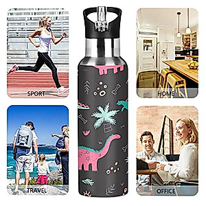 OREZI Vector Childish Dinosaurs Water Bottle Thermos with Straw Lid for Boys Girls,600 ml,Leakproof Stainless-Steel Sports Bottle for Women Men Teenage
