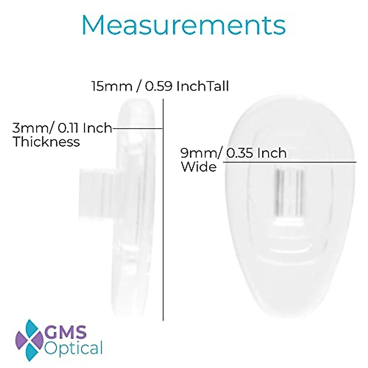 GMS Optical® Soft Silicone Symmetrical Shape Eyeglass Nose Pads (15mm Push-in, 10 Pair)