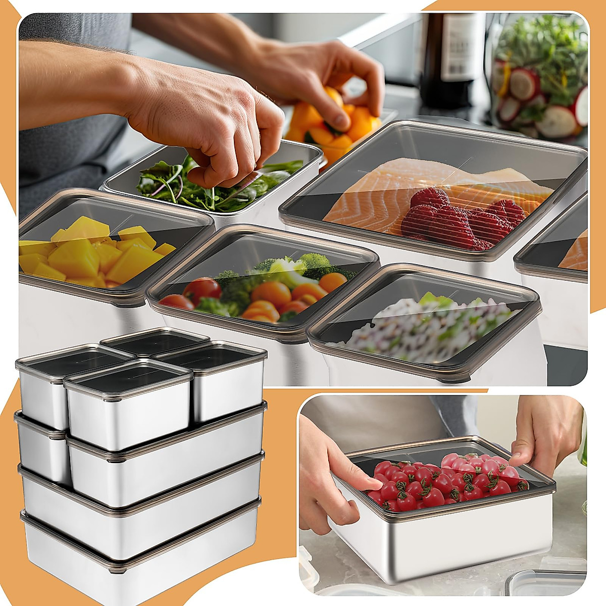 Willinglong 8 Pack Deli Meat Cheese Container for Fridge Increase Capacity Bacon Stainless Steel Containers with Lids Refrigerator Storage Dishwasher Safe