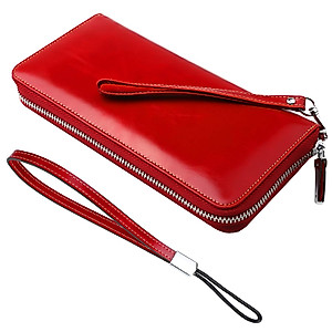 Lavemi Women's RFID Blocking 100% Leather Large Capacity Zip Around Wallet Phone Holder Clutch Travel Purse Wristlet(Large Size Red)