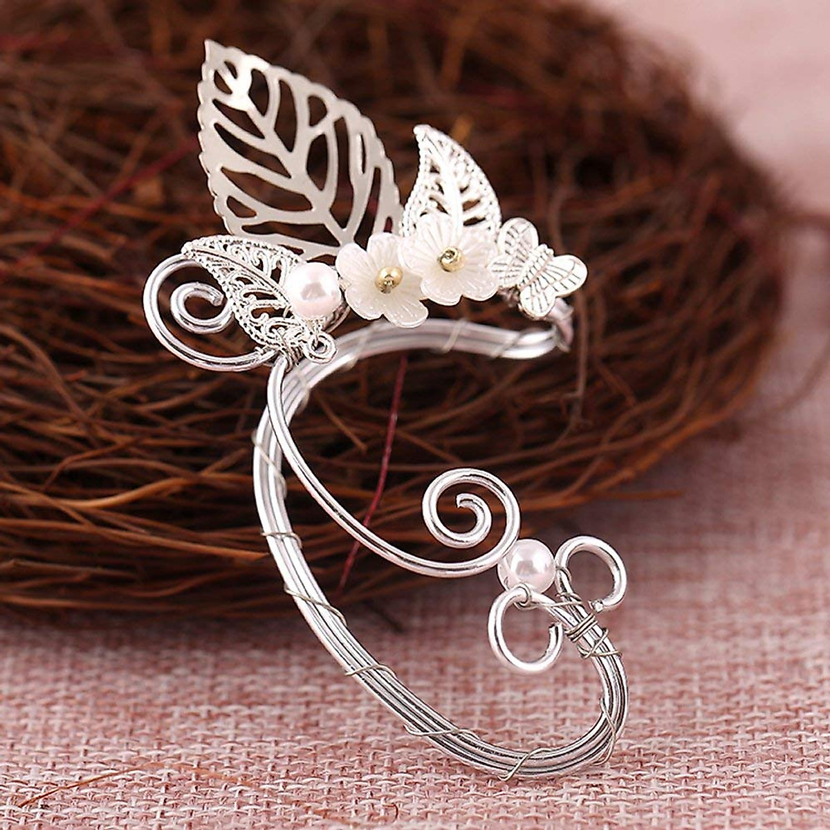 Yolmina Elf Ear Cuffs, Handmade Clip on Earrings - Pearl Wing Tassel Filigree Elven Earrings for Women - Fantasy Fairy Halloween Costume, Cosplay, Wedding, Handcraft