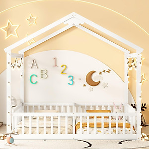 Luckiofvonne Double Twin Bed Frames for Kids, Twin House Bed for 2, Wood Montessori Floor Beds Frame with Fence Railings, Two Shared Beds for Boys Girls Teens, White