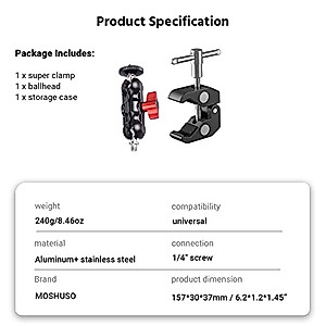 MOSHUSO Camera Mount Clamp with 360° Ballhead Arm, for DSLR Camera/Field Monitor/LED