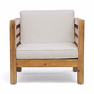 Louise Outdoor Acacia Wood Club Chair with Cushion, Teak Finish and Beige