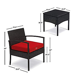 Outdoor Chairs Set Bistro Set 3 Pieces Patio Conversation Set Furniture Set for Small Balcony Rattan Chairs and Table with Cushions Red
