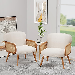 Andeworld Accent Chair with Rattan Arms,Upholstered Mid Century Modern Living Room Armchair, Side Club chair with Burlap Linen Fabric for Living Room Bedroom Balcony, Beige