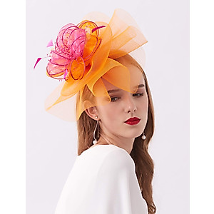 ELLYDOOR Women Organza Derby Hat Wide Brim Wedding Tea Party Hat Beads Floral Fascinator Church Hat 20-Orange