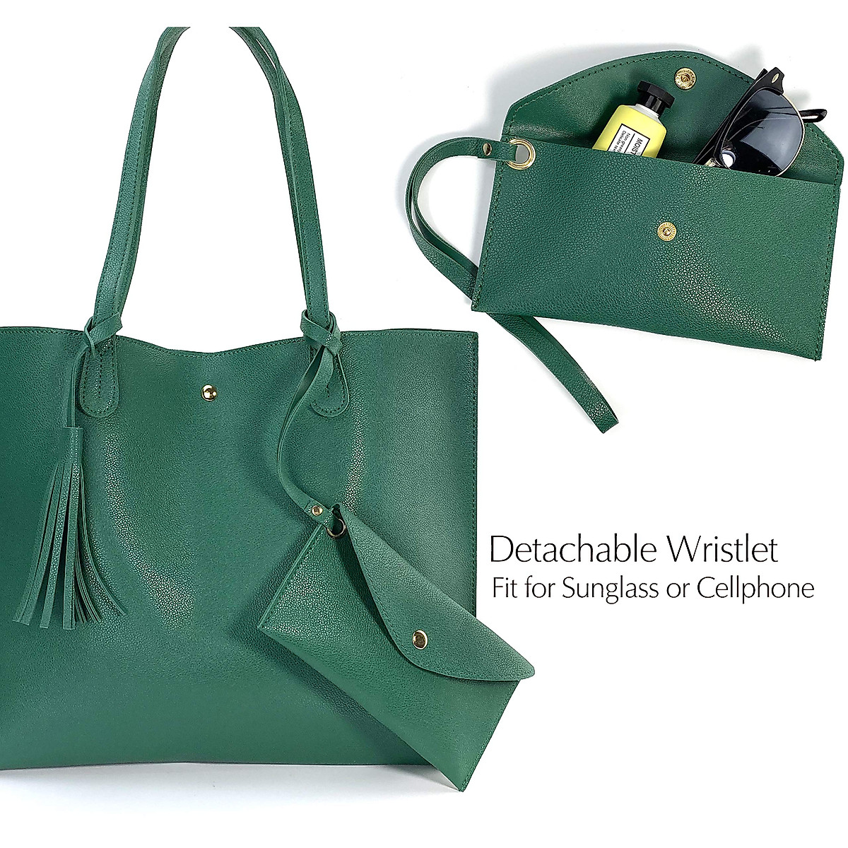 Minimalist Clean Cut Pebbled Faux Leather Tote Womens Shoulder Handbag (Green) Medium