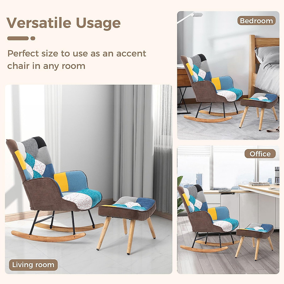 Unovivy Rocking Chair with Ottoman, Upholstered Nursery Armchair with Foot Rest, Nursing Glider Rocker with Backrest & Wooden Base, Small Gliding Seat for Bedroom, Living Room, Balcony