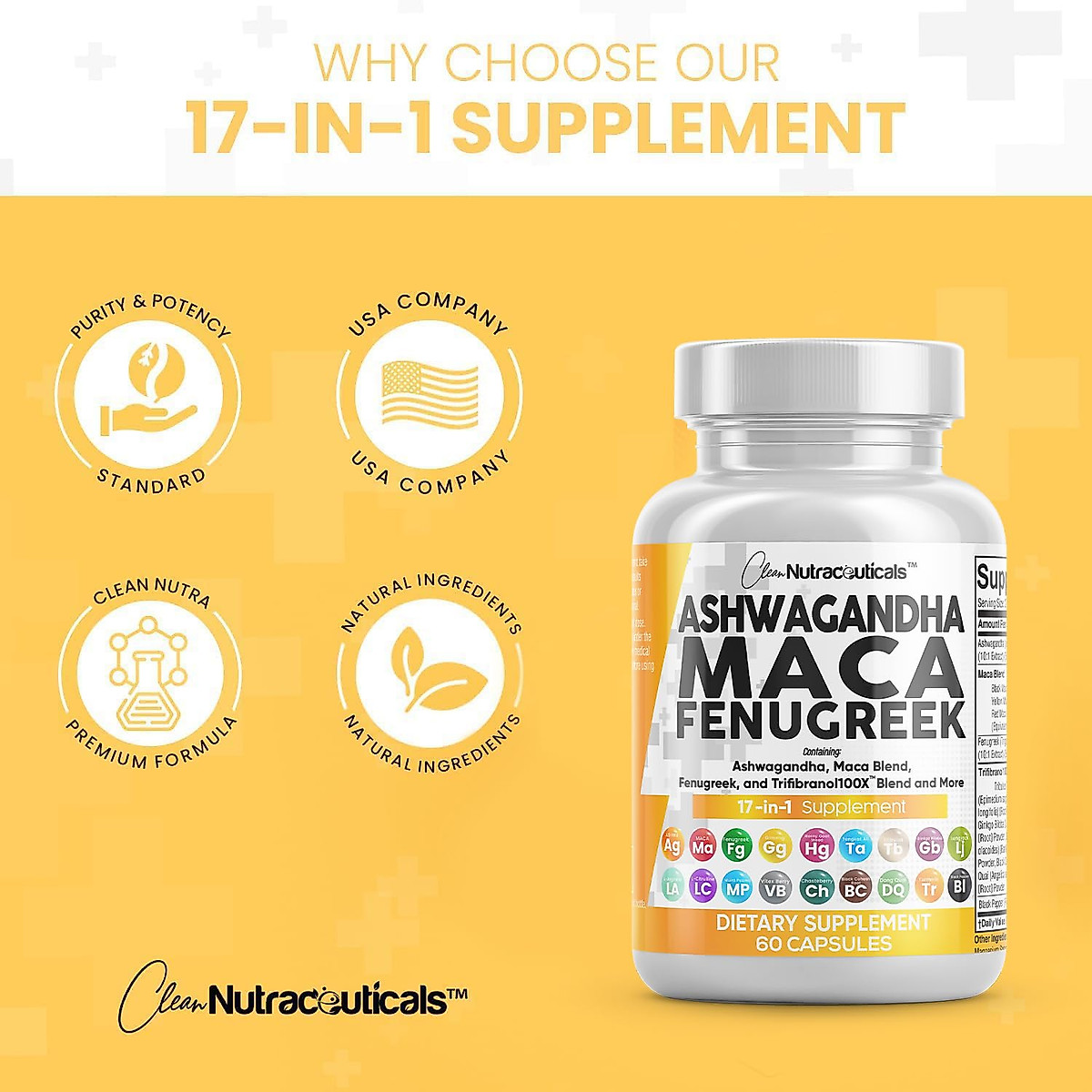 Clean Nutraceuticals Ashwagandha Maca Root Fenugreek Supplement with Tongkat Ali Ginseng - Assists with Stress, Mood & Thyroid - Ashwagandha Capsules Fenugreek Caps - 1 Pack