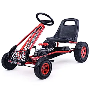 Costzon Go Kart for Kids, 4 Wheel Off-Road Pedal Go Cart w/Adjustable Seat, Steering Wheel, 2 Safety Brakes, EVA Rubber Tires, Ride-On Toys for Boys & Girls, Outdoor Racer Ride On Pedal Car (Red)