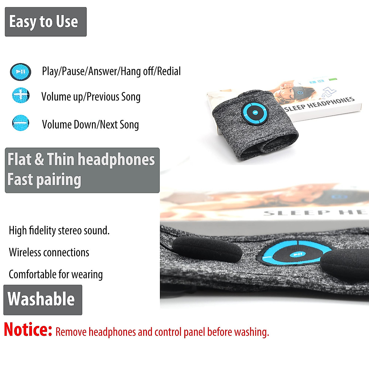 DETMOL Wireless Sleeping Bedtime Headband -Build-in Ultra Thin Plat Speakers with HD Stereo Friendly for Side Sleeper,Running, Jogging,Workout,Gift for Men,Women (Medium)