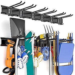 INCLY Garage Organization Storage Wall Mount, Garden Tool Organizer Systems, 48 Inch Heavy Duty Tool Storage Rack for Garage Wall with 6 Adjustable Hooks and 3 Rails