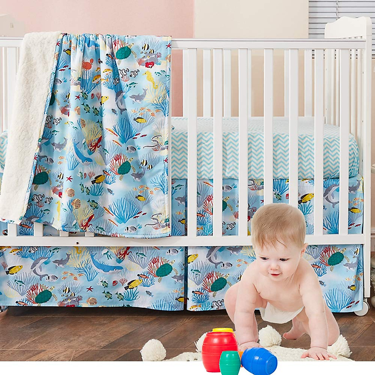 Brandream Ocean Crib Bedding Set for Boys or Girls - Nautical 3 Piece Oceania Undersea Adventures Whale Shark Cartoon Nursery Set | Baby Crib Blanket, Sheet, Skirt Included, Blue