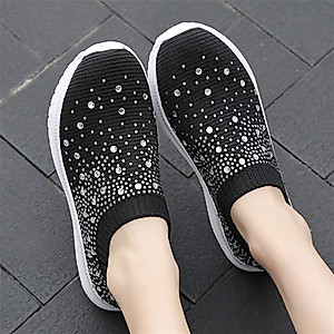 GOSPT Women's Mesh Walking Shoes Rhinestone Glitter Slip On Ballroom Jazz Latin Dance Sock Sneakers Black 9