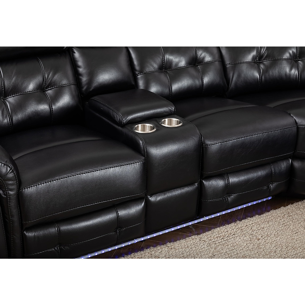 Kingway Faux Leather Recliner Couch Console Table Storage Sectional Sofa with Cup Holders LED Light for Home Theater Office Big House