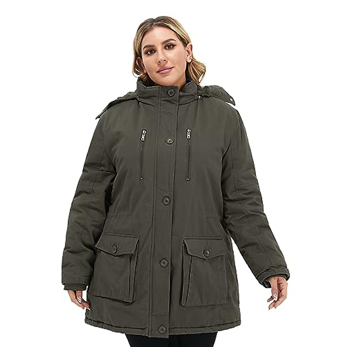 Soularge Women's Winter Plus Size Thickened Cotton Coat with Detachable Hood(Olive,3X)