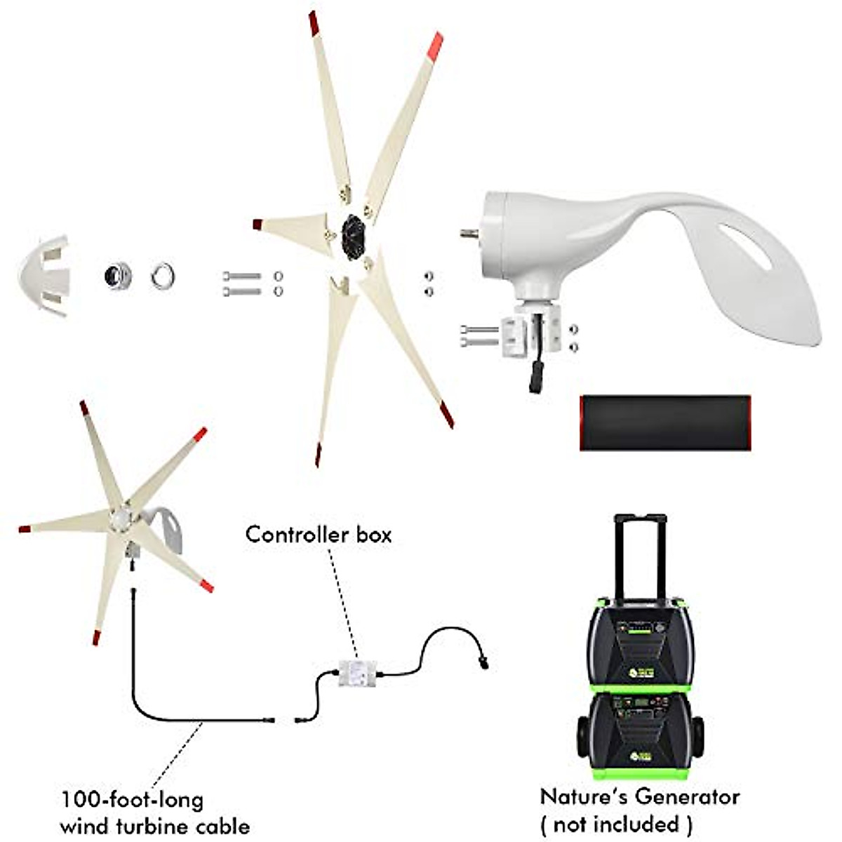 Nature’s Generator Wind Turbine Includes 100 Foot 12 AWG Cable, 5 Blades, Controller Box for Nature’s Generator, Land or Marine Use Day and Night