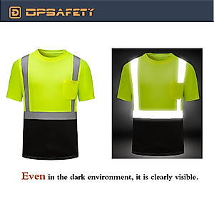 DPSAFETY High Visibility Shirts Quick Dry Safety T Shirts with Reflective Strips and Pocket Short Sleeve Mesh Hi Vis Construction Work Class 2 Shirt for Men/Women Black Bottom Lime,Medium