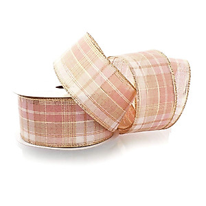 Ribbon Traditions 2 1/2" Wired Ribbon Rose Pink Metallic Gold Plaid - 10 Yards