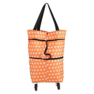 Oxford Cloth Material Foldable Dual Purpose Wheel Rolling Shopping Bag (Orange dots)