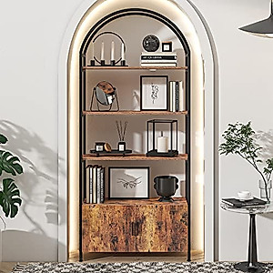 Jehiatek Arched Bookshelf, Bookcase with Doors Storage, 71 Inches Tall Industrial Book Shelf with Sturdy Metal Frame, E1 Quality Boards, Freestanding Display Shelving Unit, Black and Rustic