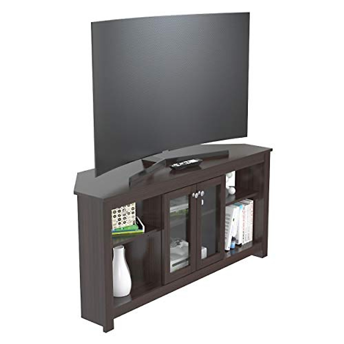 Inval Corner TV Stand with Glass Doors, Espresso