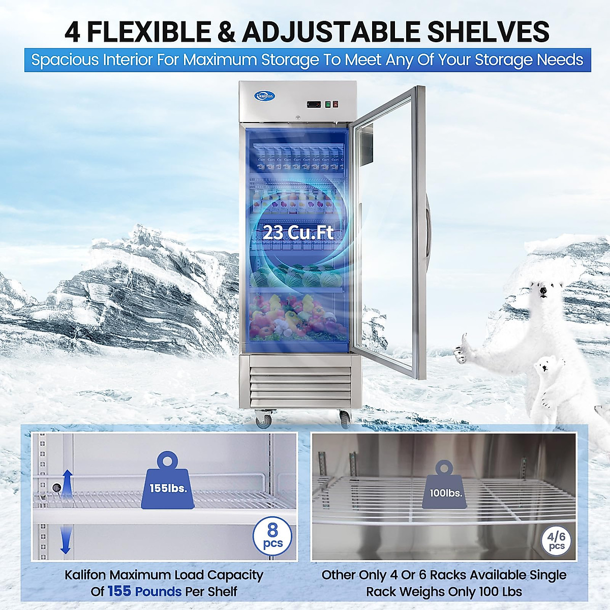 kalifon Commercial Display Refrigerator Merchandiser with 1 Glass Door - 23 Cu.Ft Upright Display Refrigerator with LED Lighting