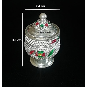 shree jewellers SJ Pure Silver Designer Meenakari Sindoor Dabbi with Lid, Pooja Items for Home, KumKum Round Box Spiritual Gift Item ~ Small Size 3.5 x 2.4 cm