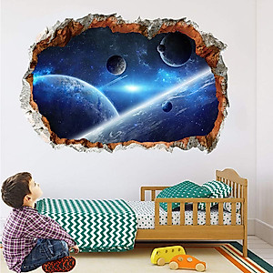 HERRA 3D Planet Universe Galaxy Outer Space Wall Decal Spacecraft Astronaut Wall Stickers, Peel and Stick Removable Space Capsule Window Wall Stickers Wall Mural for Kids Room (blue2)