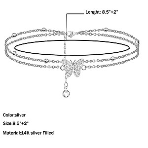 14K Butterfly Silver - Adjustable Layered - Jewelry Anklet Gifts for Women Teen Girls