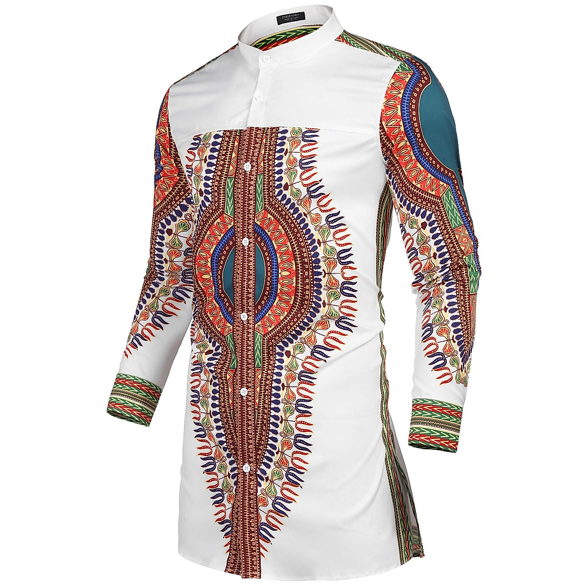 COOFANDY Men's African Dashiki Print Shirt Long Sleeve Button Down Shirt Bright Color Tribal Top Shirt White