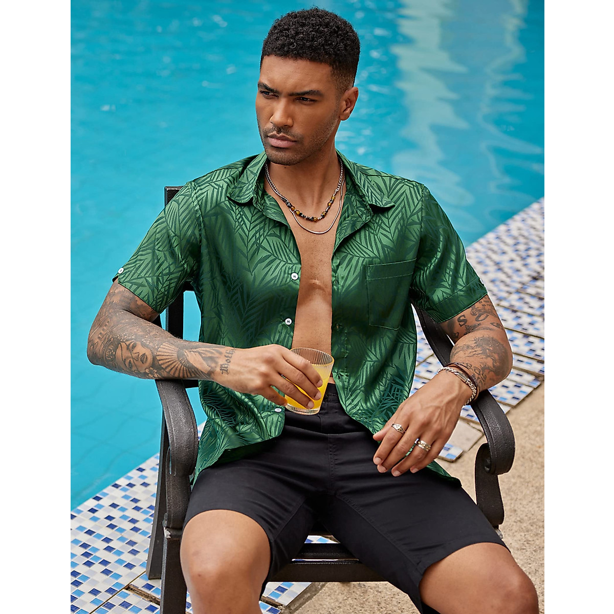 COOFANDY Mens Shirt Summer Beach Dress for Wedding Satin Button Down, 02 Deep Green, XX-Large, Short Sleeve