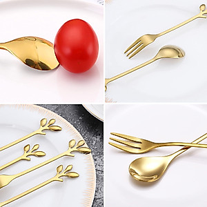 12 Pieces Stainless Steel Gold Leaf Coffee Spoon, findTop Spoons Fruit Forks Stainless Steel Mini Creative Tableware for Sugar Cake Ice Cream Tea Stirring Mixing Tea Spoon and Fork Set (Gold)