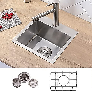 VCCUCINE Drop in Bar Sink, 15 x 15 Inch Topmount RV Small Kitchen Sink, Handmade Stainless Steel Wet Bar Sink, Outdoor Single Bowl, Brushed Nickel Prep Sink with Accessories