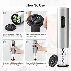 ELMWAY Electric Wine Opener, Battery Operated Wine Bottle Opener with Foil Cutter, Automatic Bottle Corkscrew Opener for Home Bars (Stainless Steel, 4 x AA Batteries Not Included)