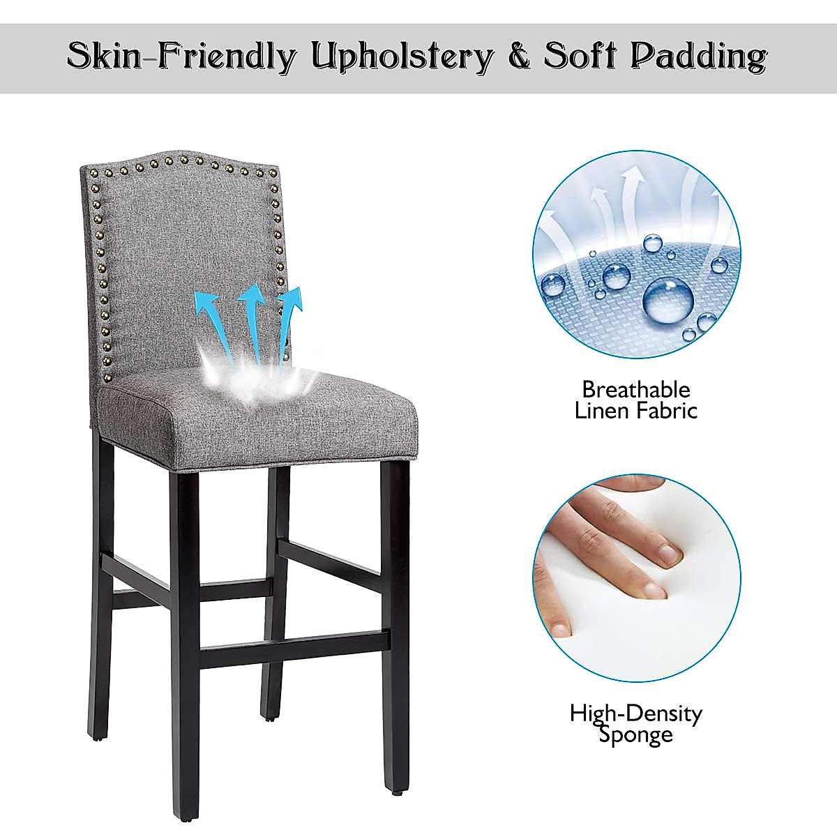 COSTWAY Bar Stools Set of 2, Counter Height Dining Side Barstools, w/Thick Cushion, Linen Surface, Nailhead Trim, Rubber Wood Legs, High Leisure Chairs for Living Room, Kitchen, Dining Room, Gray