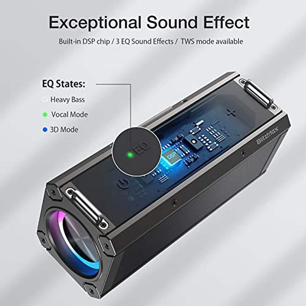 BlitzMax WA3 PRO 120W 360° Surround Stereo TWS Portable Wireless Bluetooth 5.0 Mini Speaker with Microphone,Waterproof,4 RGB Light,3 EQ Modes,Power Bank,DSP Technology,Outdoor Travel Party,AUX TF USB