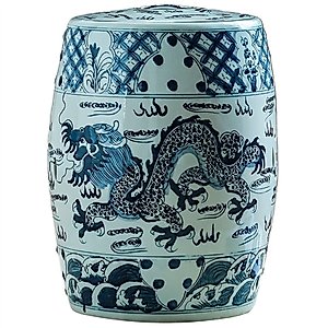 KIROJA Decorative Ceramic Garden Stool, Glazed Hollow Celadon Shoe-Changing Stool Drum Stool, Suitable for Outdoor Garden, Living Room, Terrace, Etc.