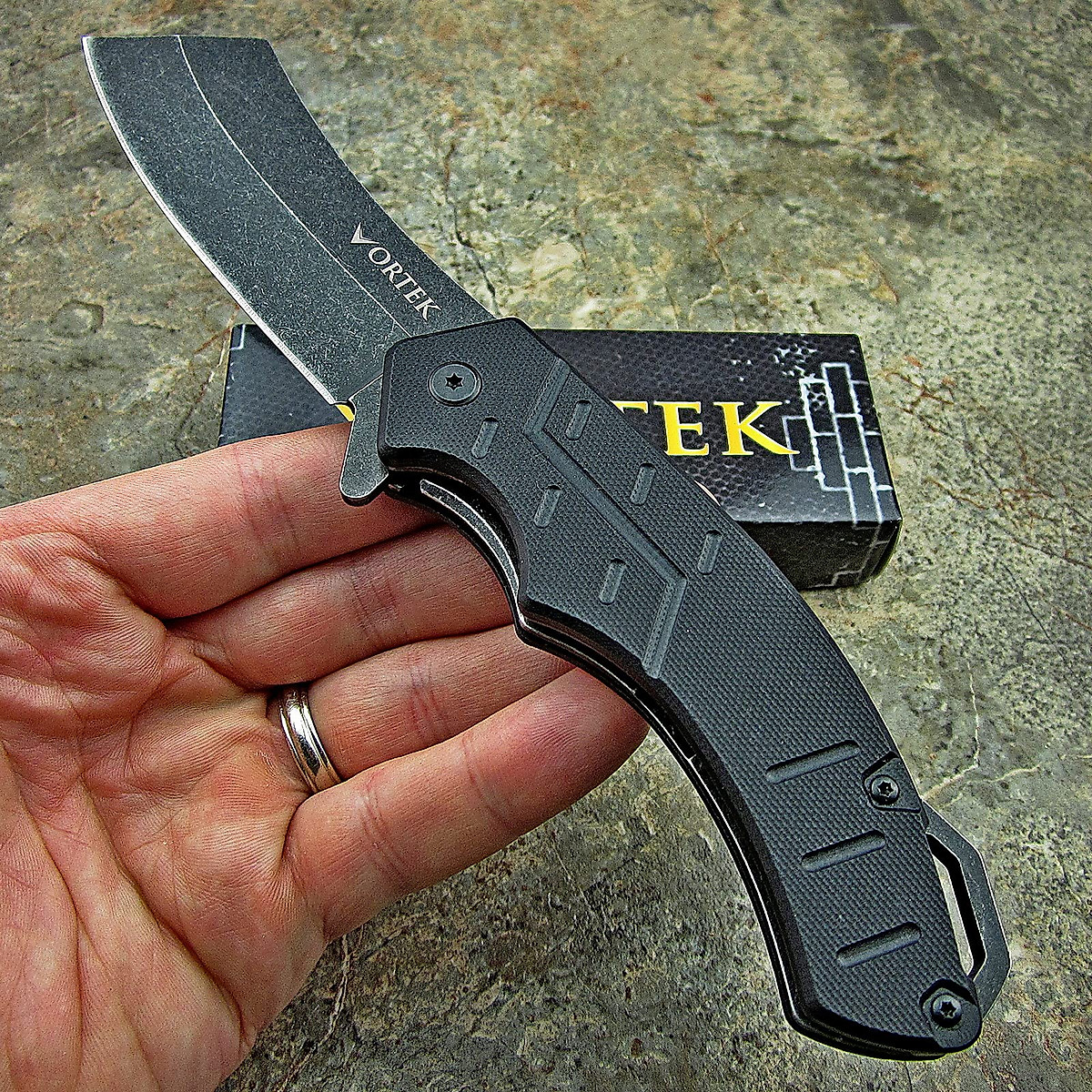VORTEK Pocket Cleaver Knife: Ball Bearing Pivot, 8Cr13MoV Razor Sharp Cleaver Blade, Ultra Smooth Opening, Non-Slip G10 Handles, Heavy Duty Construction Built Tough
