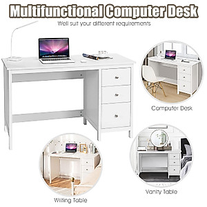 GRAFFY 3-Drawer Computer Desk, Study Desk with Spacious Desktop, Modern Writing Desk, Compact Laptop Desk, Multipurpose Workstation for Home Office (White)