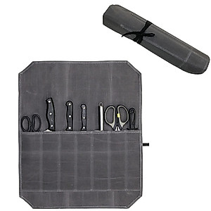 Waxed Canvas Cutlery Cover, Chef Knife Roll Pouch, Kitchen Cooking Tool Knife Holder Organizer, Foldable Multipurpose Travel Tool BBQ Tool Roll Pouch with 7 Slots, Grey, Waterproof