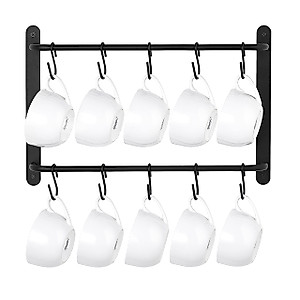 Mkono Mug Racks for Wall 2 Tier Coffee Cup Hanger Holder with 10 Mug Hooks Modern Coffee Mug Hanger Wall Mount Tea Cups Mugs Storage Display Organizer for Kitchen Dining Room Coffee Bar, Black