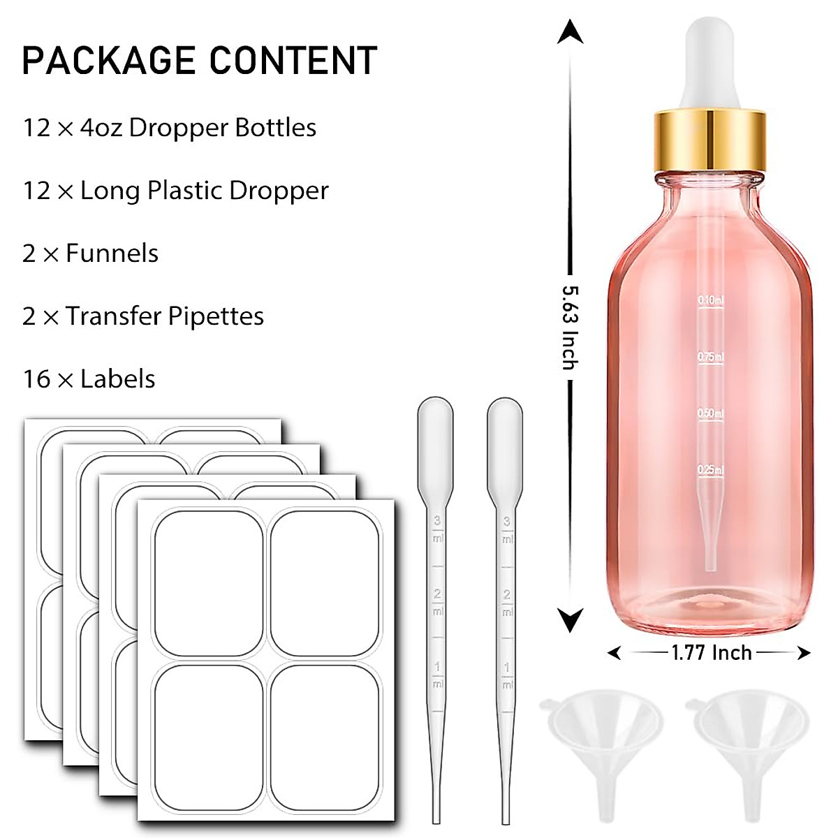 Bumobum Pink Dropper Bottles 4oz, Pink Glass Eye Dropper Bottle for Essential Oils Hair Oils with Labels and Funnels, 12 Pack Tincture Bottles with Golden Top (Plastic Dropper with Measurements)
