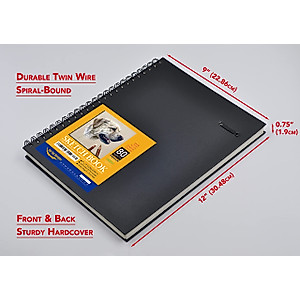 Hardcover Sketch Book, 9"x12", Spiral Wire and Pencil Holder, Universal Sketch Paper with Perforated Line, 80 Sheets, Acid Free, Perfect for Pencil, Pastel, Graphite, and Charcoal, etc.