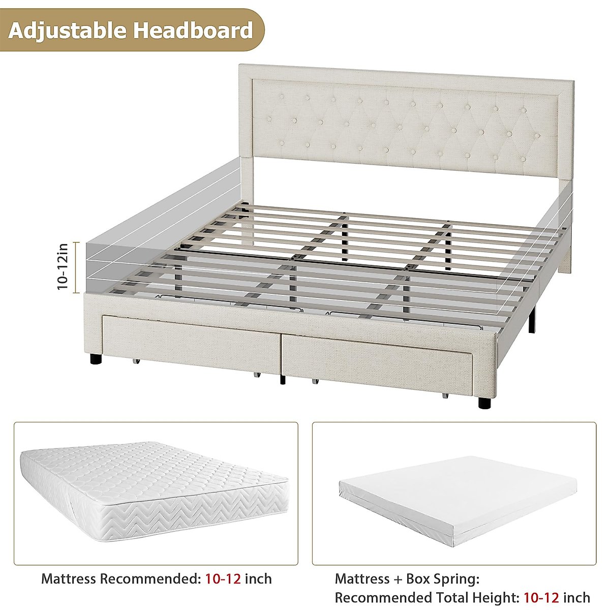 Keyluv King Bed Frame with 2 Storage Drawers and Adjustable Headboard, High-End Fabric Platform Bed with Button Tufted, Wooden Slats No Box Spring Needed/Easy Assembly, Beige